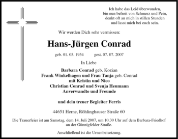 Traueranzeigen von Hans-Jürgen Conrad | Trauer-in-NRW.de