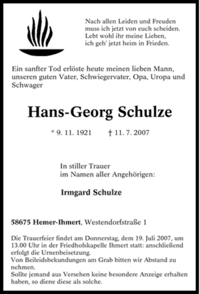 Traueranzeigen von Hans-Georg Schulze | Trauer-in-NRW.de