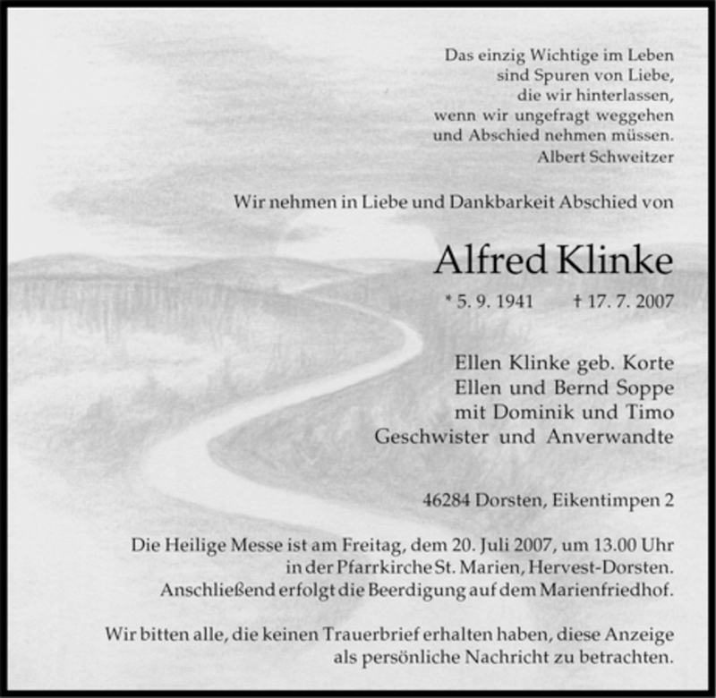 Traueranzeigen von Alfred Klinke | Trauer-in-NRW.de