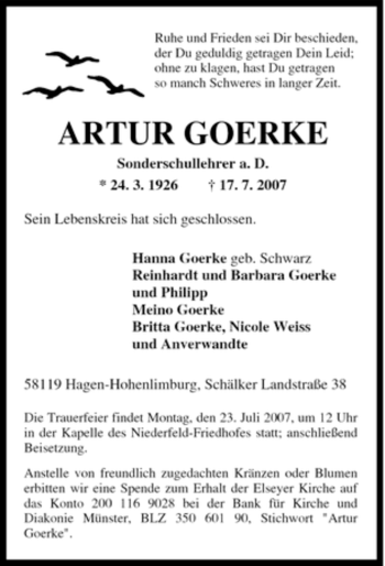 Traueranzeigen von Artur Goerke | Trauer-in-NRW.de