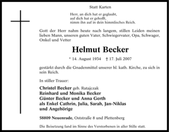 Traueranzeigen von Helmut Becker | Trauer-in-NRW.de