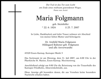 Traueranzeigen von Maria Folgmann | Trauer-in-NRW.de