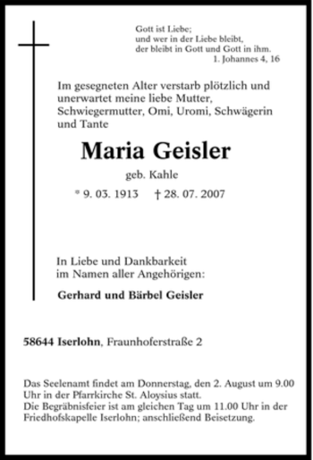 Traueranzeigen von Maria Geisler | Trauer-in-NRW.de