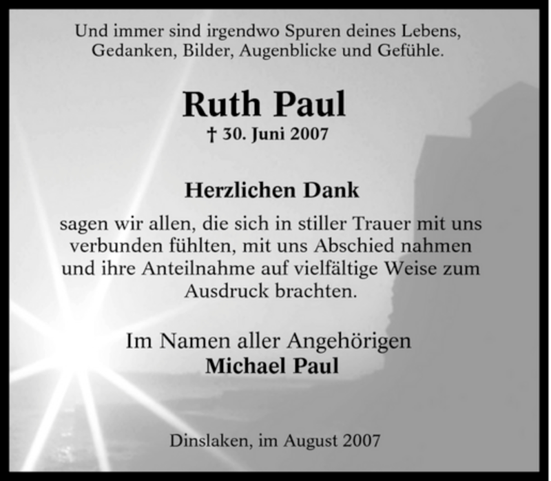 Traueranzeigen von Ruth Paul | Trauer-in-NRW.de