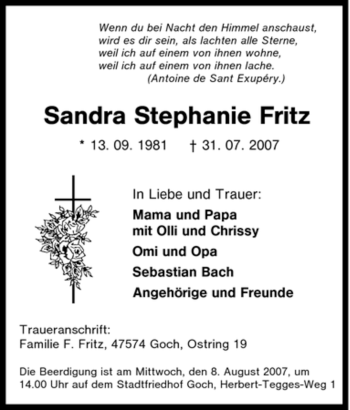 Traueranzeigen von Sandra Stephanie Fritz | Trauer-in-NRW.de