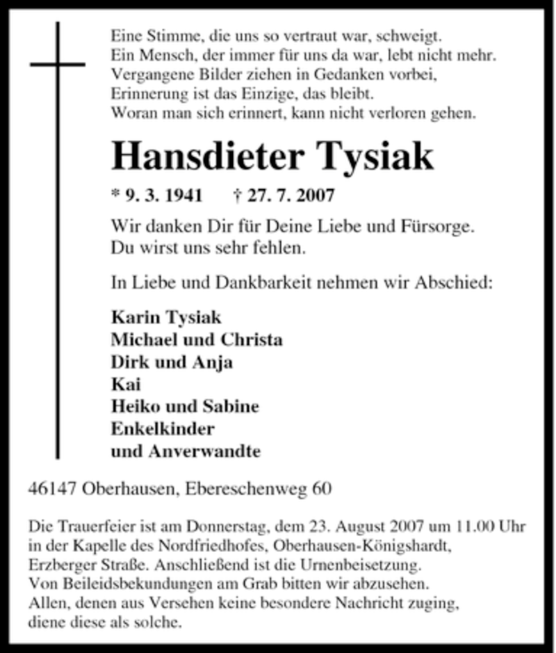 Traueranzeigen von Hansdieter Tysiak | Trauer-in-NRW.de