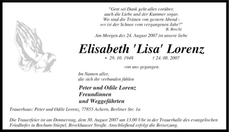 Traueranzeigen von Elisabeth Lorenz | Trauer-in-NRW.de Traueranzeigen von Elisabeth Lorenz | Trauer-in-NRW.de