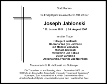 Traueranzeigen von Joseph Jablonski | Trauer-in-NRW.de