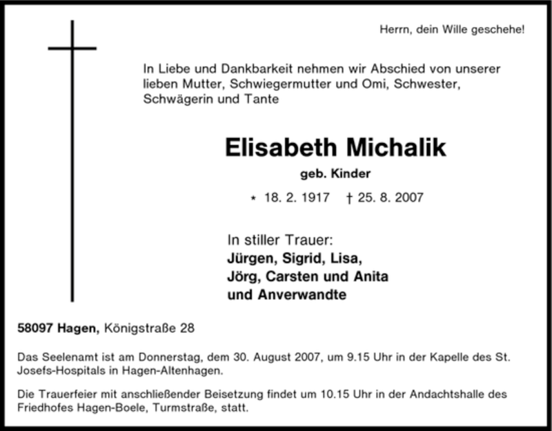 Traueranzeigen von Elisabeth Michalik | Trauer-in-NRW.de