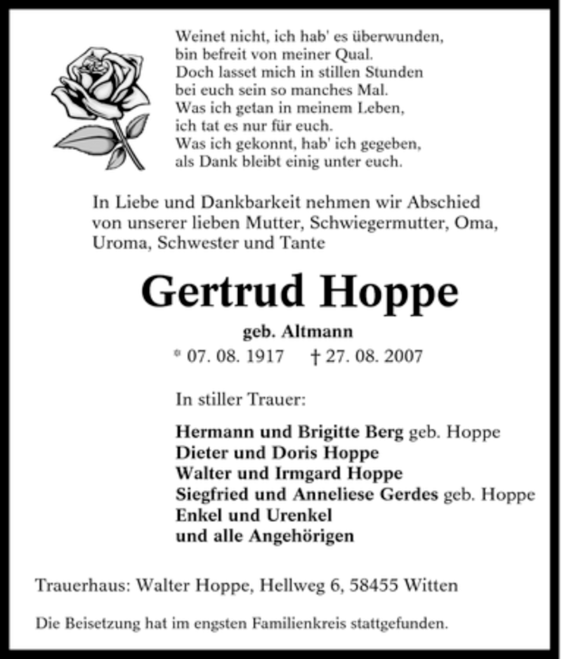 Traueranzeigen von Gertrud Hoppe | Trauer-in-NRW.de