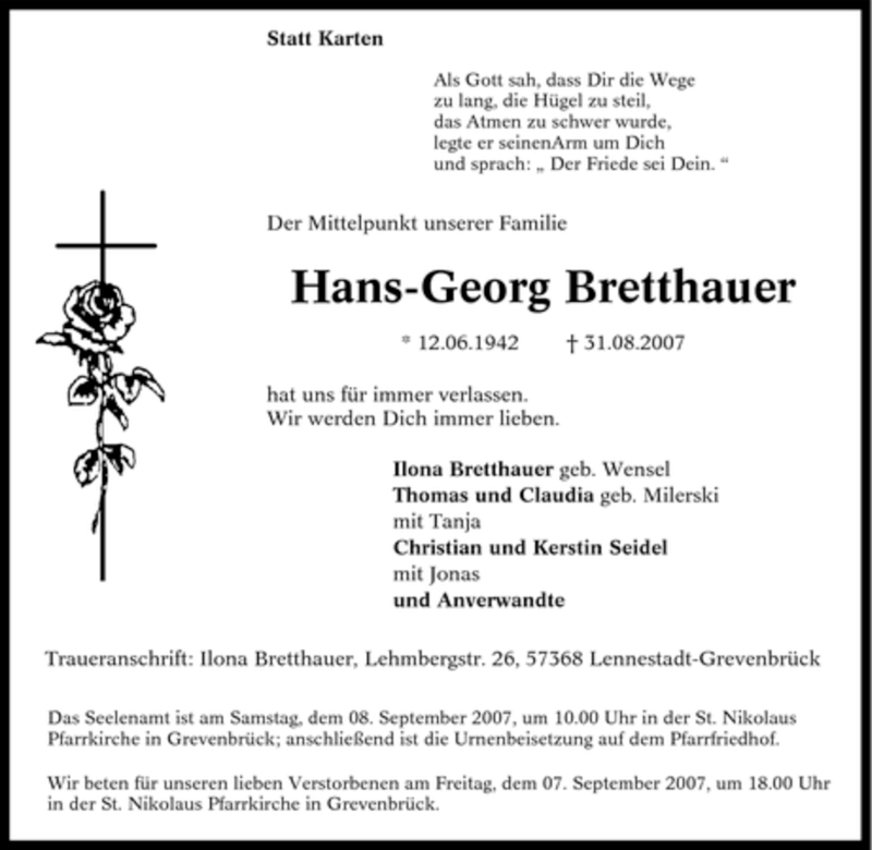 Traueranzeigen von Hans-Georg Bretthauer | Trauer-in-NRW.de