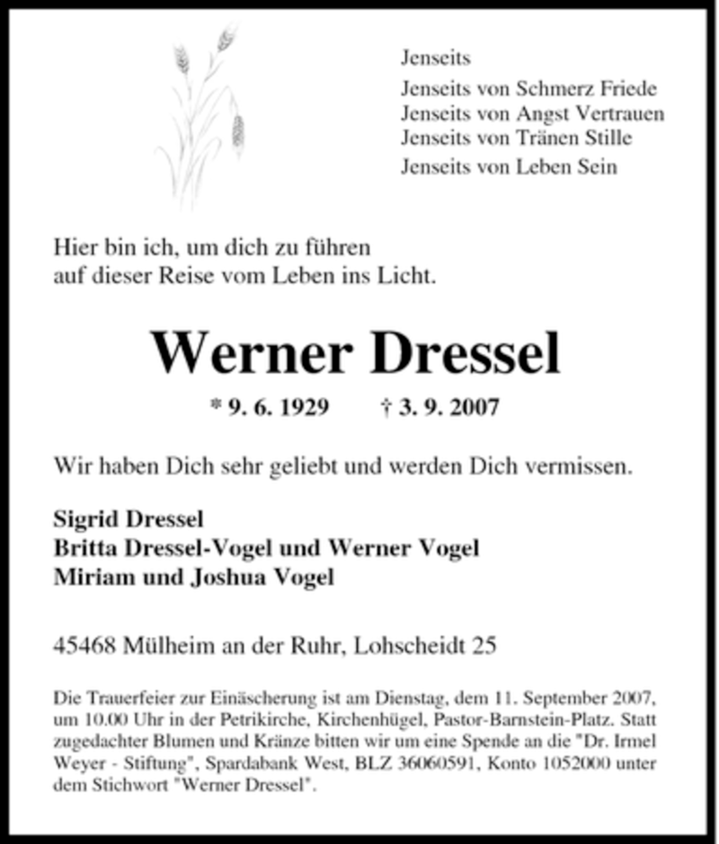 Traueranzeigen von Werner Dressel | Trauer-in-NRW.de