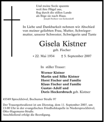 Traueranzeigen von Gisela Kistner | Trauer-in-NRW.de