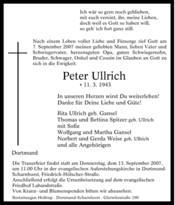 Traueranzeigen von Peter Ullrich | Trauer-in-NRW.de