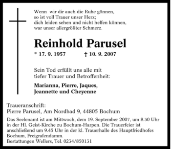 Traueranzeigen von Reinhold Parusel | Trauer-in-NRW.de