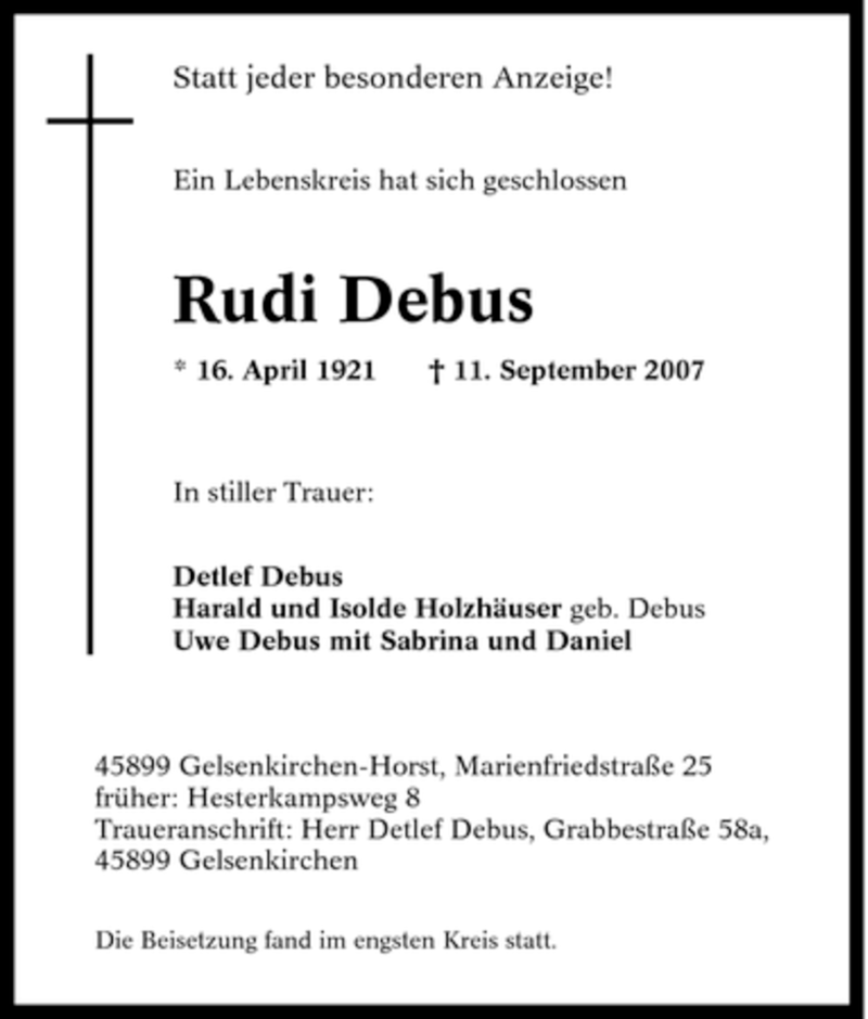 Traueranzeigen von Rudi Debus | Trauer-in-NRW.de