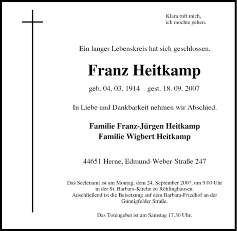 Traueranzeigen von Franz Heitkamp | Trauer-in-NRW.de