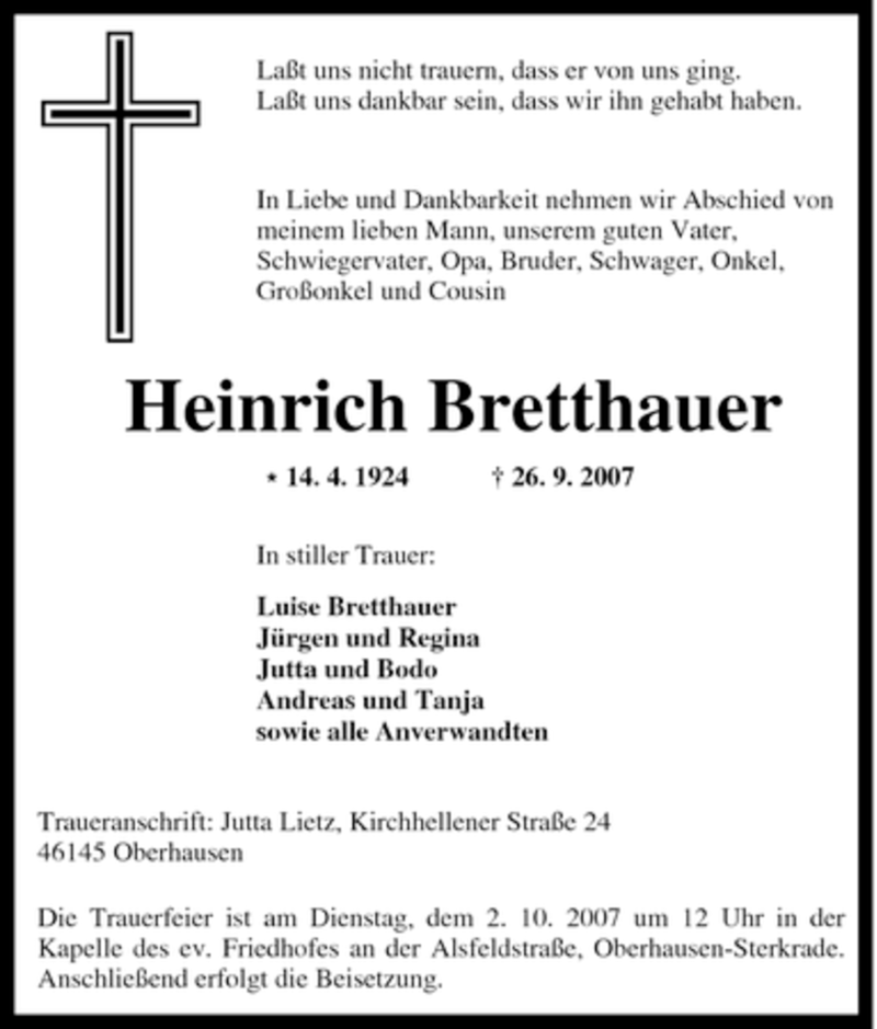 Traueranzeigen von Heinrich Bretthauer | Trauer-in-NRW.de