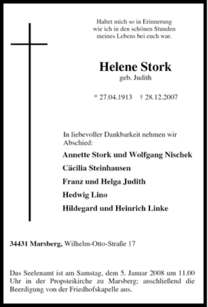 Traueranzeigen von Helene Stork | Trauer-in-NRW.de
