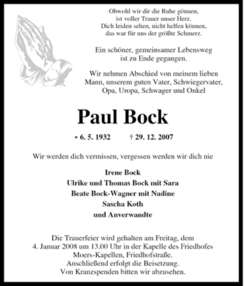 Traueranzeigen von Paul Bock | Trauer-in-NRW.de