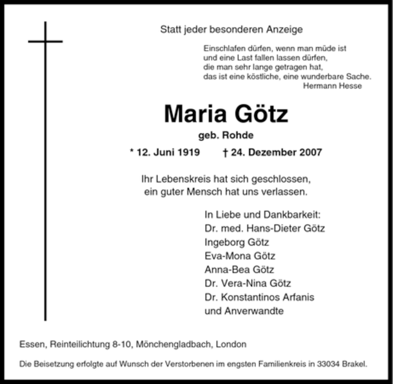 Traueranzeigen von Maria Götz | Trauer-in-NRW.de