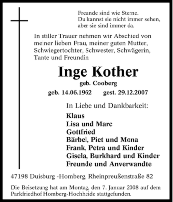 Traueranzeigen von Inge Kother | Trauer-in-NRW.de
