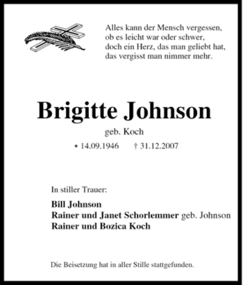 Traueranzeigen von Brigitte Johnson | Trauer-in-NRW.de