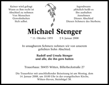 Traueranzeigen von Michael Stenger | Trauer-in-NRW.de