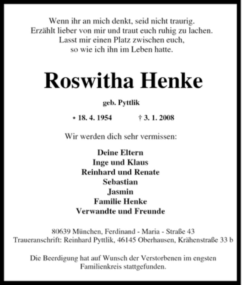 Traueranzeigen von Roswitha Henke | Trauer-in-NRW.de