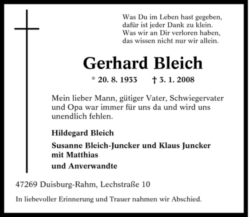 Traueranzeigen von Gerhard Bleich | Trauer-in-NRW.de