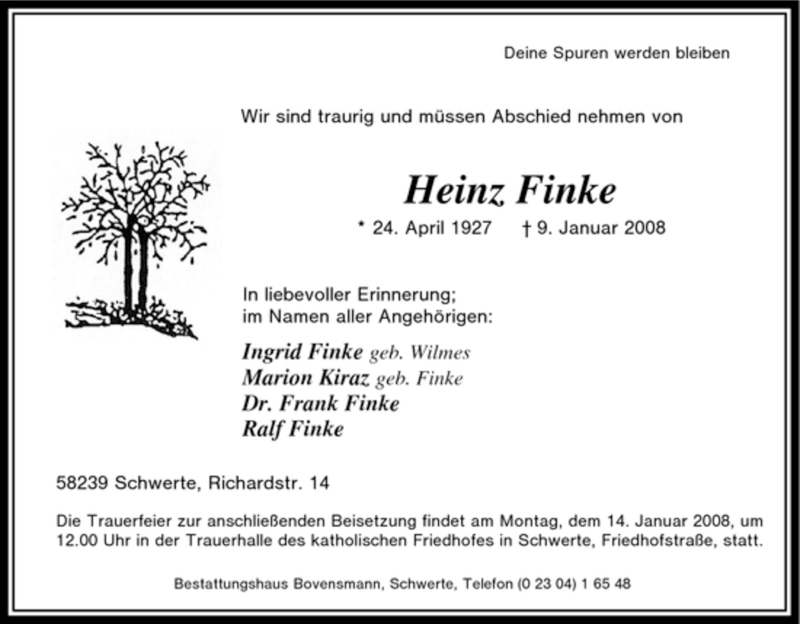 Traueranzeigen von Heinz Finke | Trauer-in-NRW.de