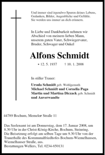 Traueranzeigen von Alfons Schmidt | Trauer-in-NRW.de