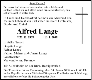 Traueranzeigen von Alfred Lange | Trauer-in-NRW.de