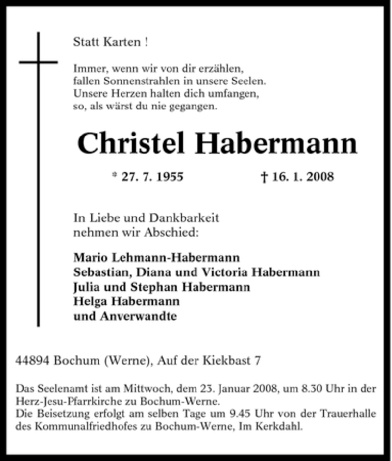 Traueranzeigen von Christel Habermann | Trauer-in-NRW.de