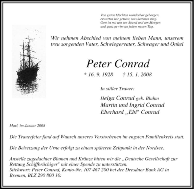 Traueranzeigen von Peter Conrad | Trauer-in-NRW.de