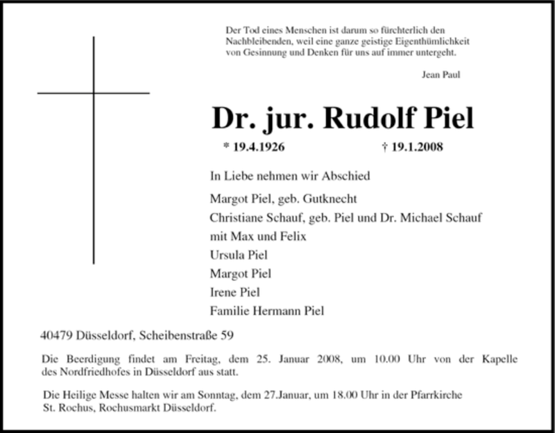 Traueranzeigen von Rudolf Piel | Trauer-in-NRW.de