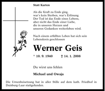 Traueranzeigen von Werner Geis | Trauer-in-NRW.de