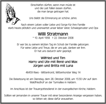 Traueranzeigen von Willi Stratmann | Trauer-in-NRW.de