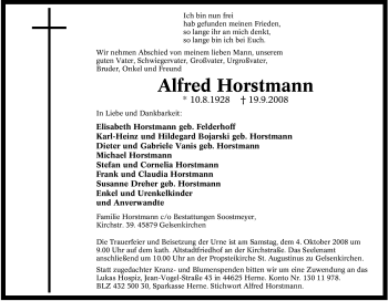 Traueranzeigen von Alfred Horstmann | Trauer-in-NRW.de