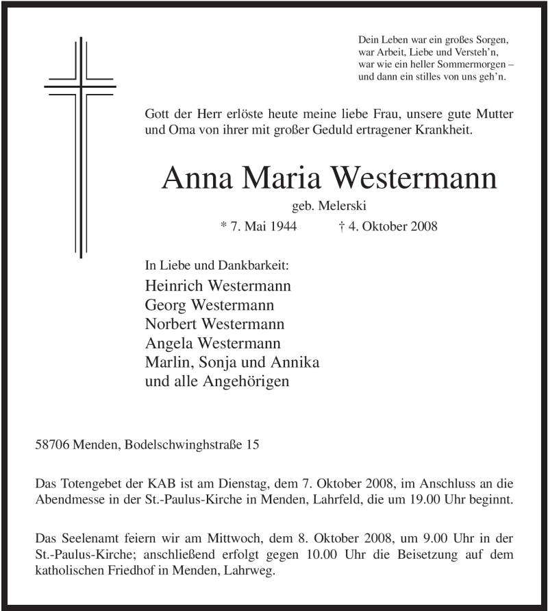 Traueranzeigen von Anna Maria Westermann | Trauer-in-NRW.de