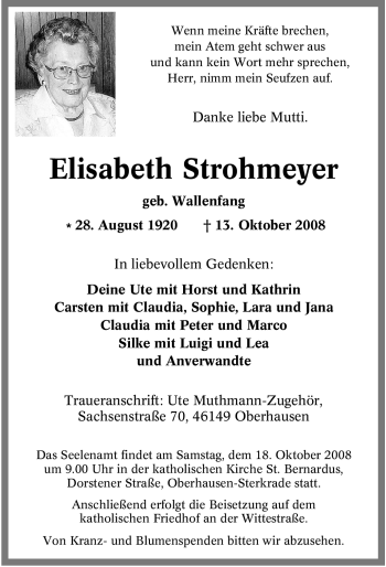 Traueranzeigen von Elisabeth Strohmeyer | Trauer-in-NRW.de