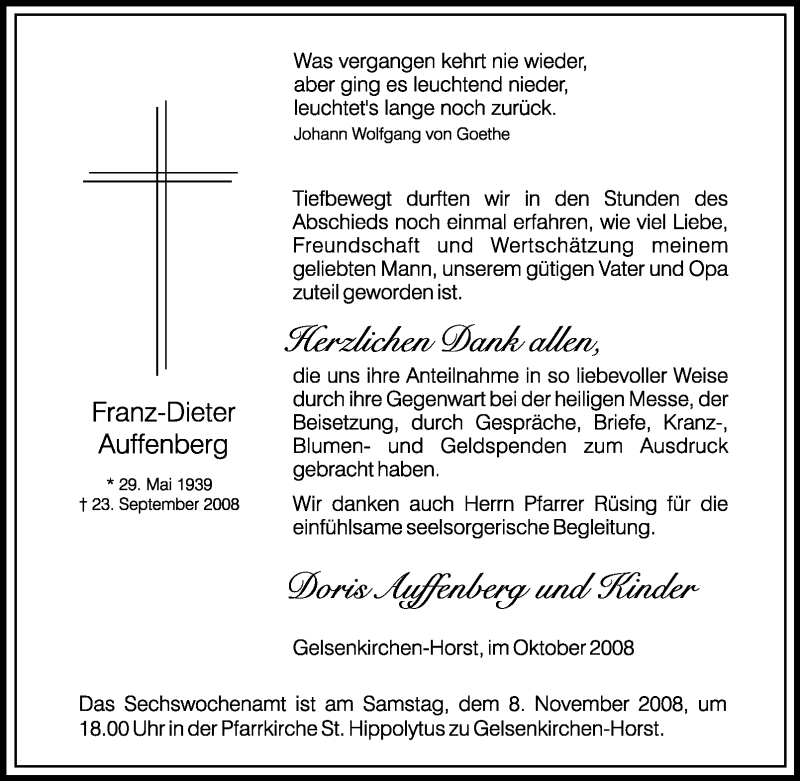 Traueranzeigen von Franz-Dieter Auffenberg | Trauer-in-NRW.de