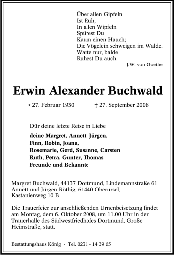Traueranzeigen von Erwin Alexander Buchwald | Trauer-in-NRW.de
