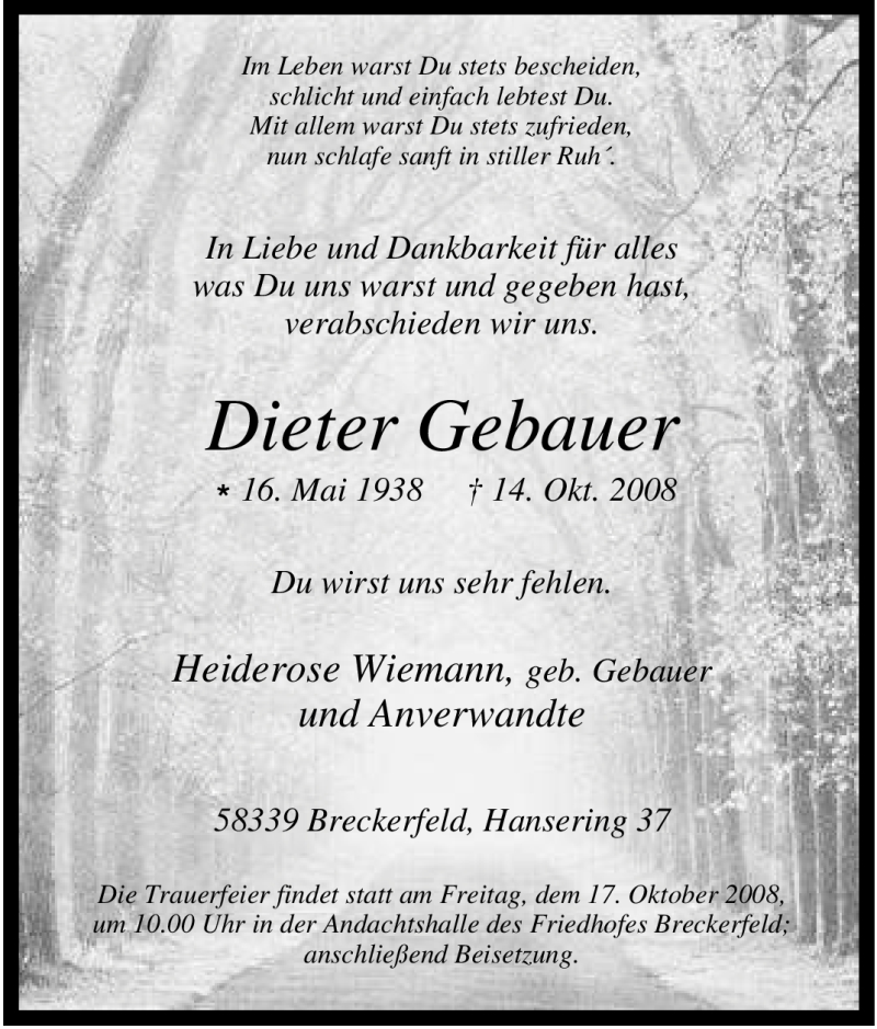 Traueranzeigen von Dieter Gebauer | Trauer-in-NRW.de