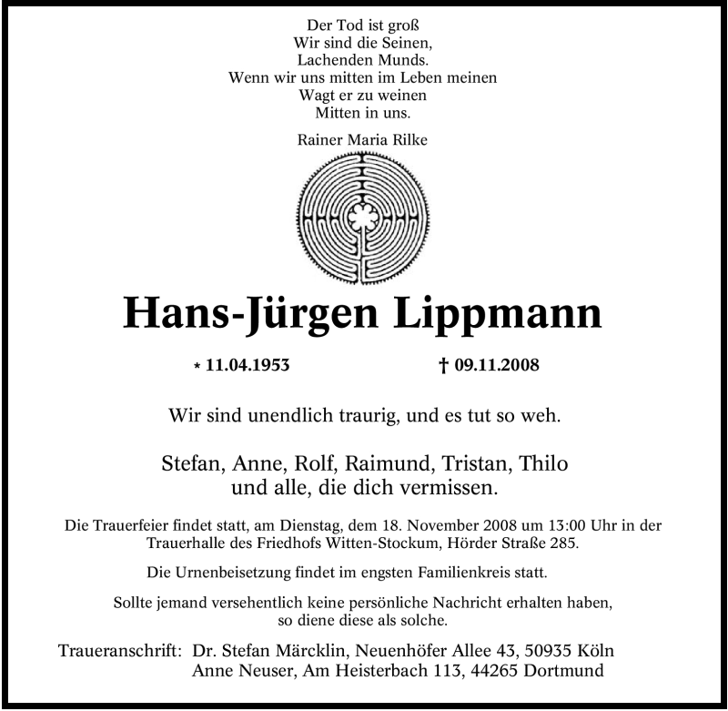 Traueranzeigen von Hans-Jürgen Lippmann | Trauer-in-NRW.de