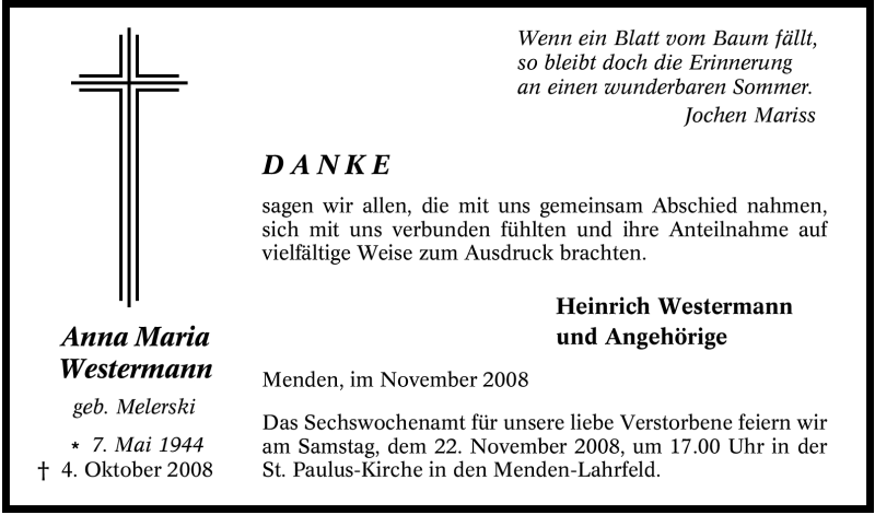 Traueranzeigen von Anna Maria Westermann | Trauer-in-NRW.de