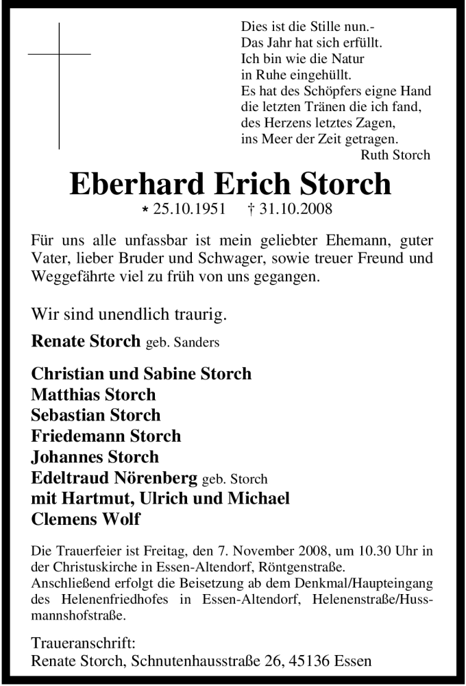 Traueranzeigen von Eberhard Erich Storch | Trauer-in-NRW.de