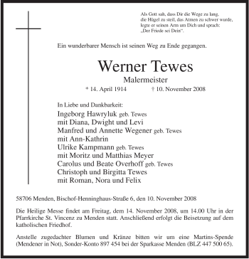 Traueranzeigen von Werner Tewes | Trauer-in-NRW.de