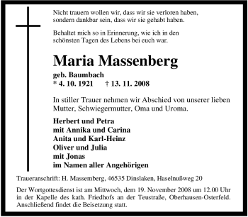 Traueranzeigen von Maria Massenberg | Trauer-in-NRW.de