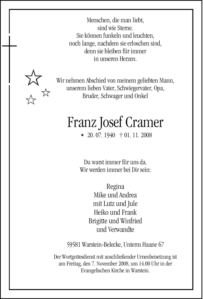 Traueranzeigen von Franz Josef Cramer | Trauer-in-NRW.de
